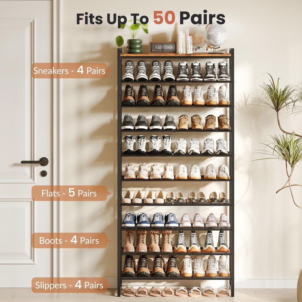 10 Tier Shoe Rack Organizer for 40-50 Pairs, Tall Metal Shoe Storage ...
