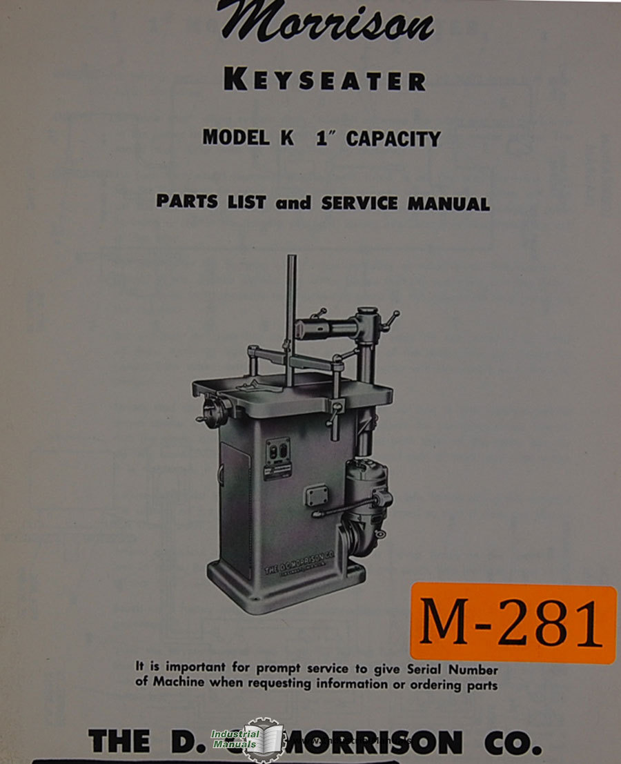 Morrison Keyseater Model K 1", Milling Machine, Parts & Service Manual ...