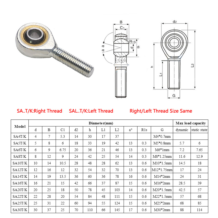 Male Rod End Bearing Rose Joint Right/Left Hand Thread M4 M5 M6 M8 M10 ...