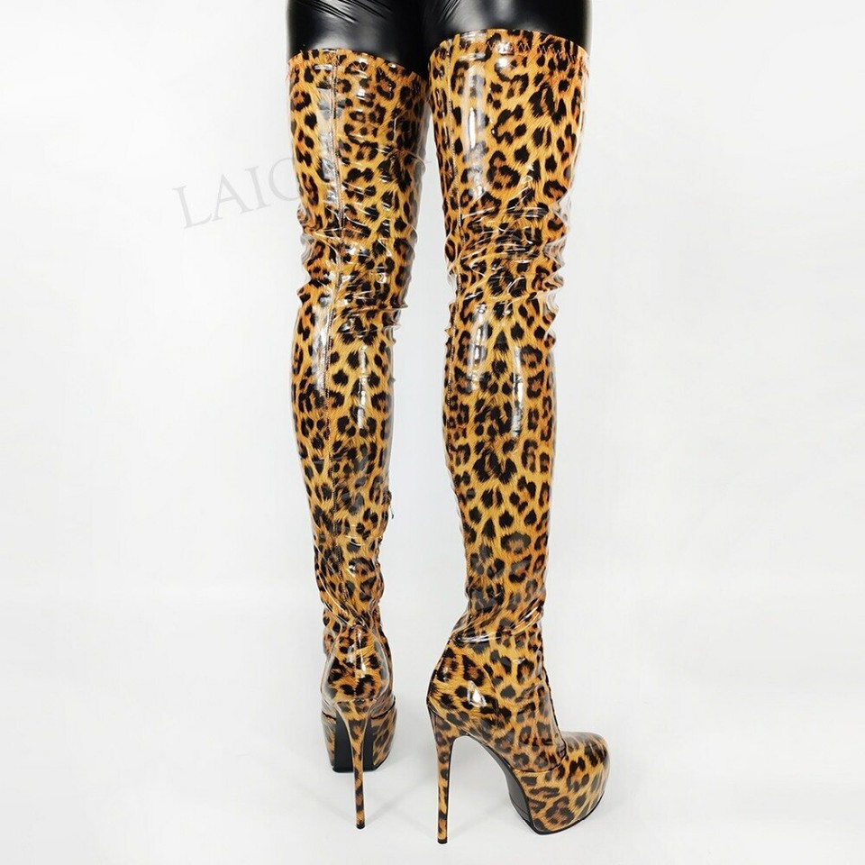 Women Crotch High Platform Boots Shiny Patent Side Zip Stiletto Heels ...