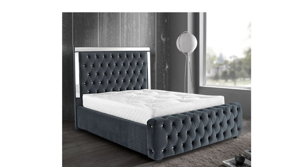 Chesterfield Upholstered Fabric Mirrored Bed Frame Base with Headboard ...