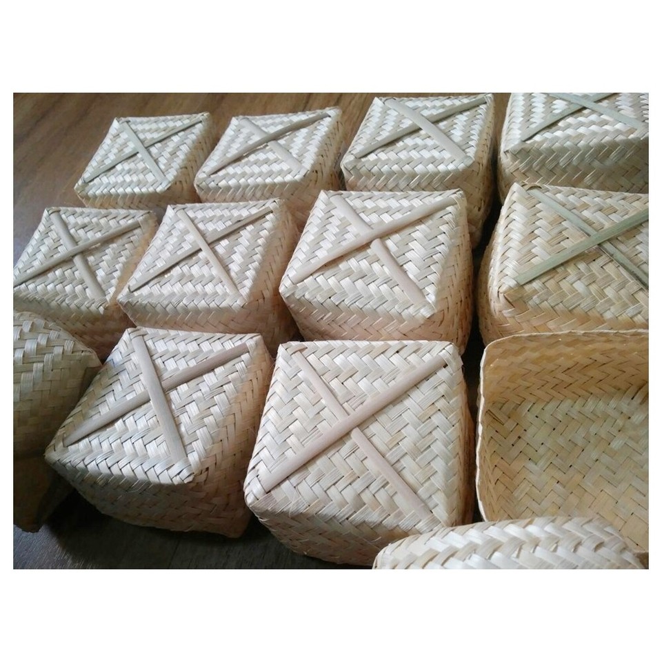 6Pcs Sticky Rice Basket Woven Kratib Serving Natural Bamboo Wooden Thai ...