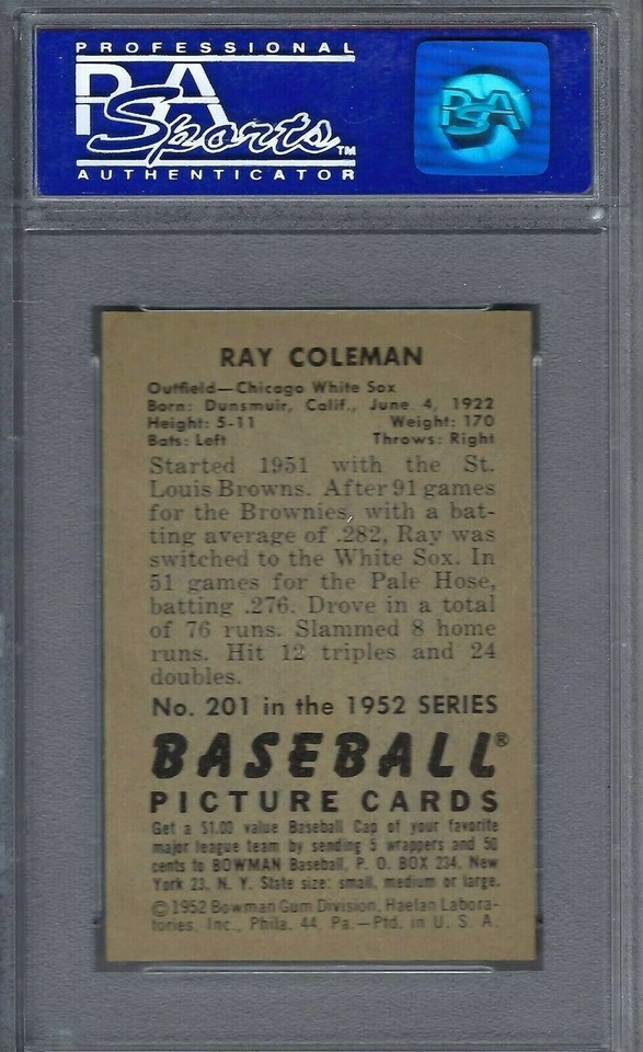 1952 Bowman #201 PSA 8 Ray Coleman White Sox 201 | eBay