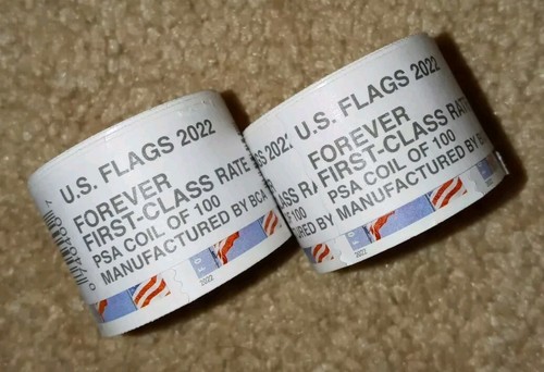 2 Rolls Of 100 USPS Authentic Forever Stamps Coil Roll US Flags 200 ...