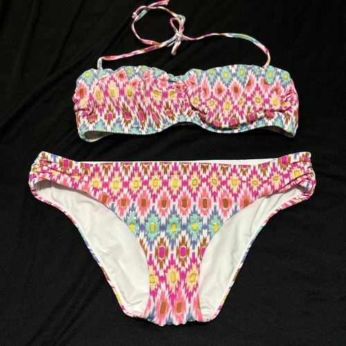 EUC Victoria's Secret Bandeau Aztec White Pink 2 Piece Swim Suit Bikini ...