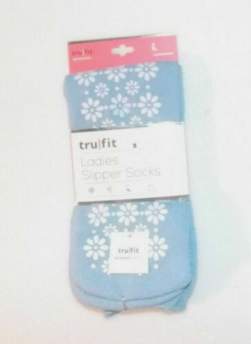 Tru Fit Ladies Slipper Sock Non Slip White Flowers Light Blue 9-11 NWT ...
