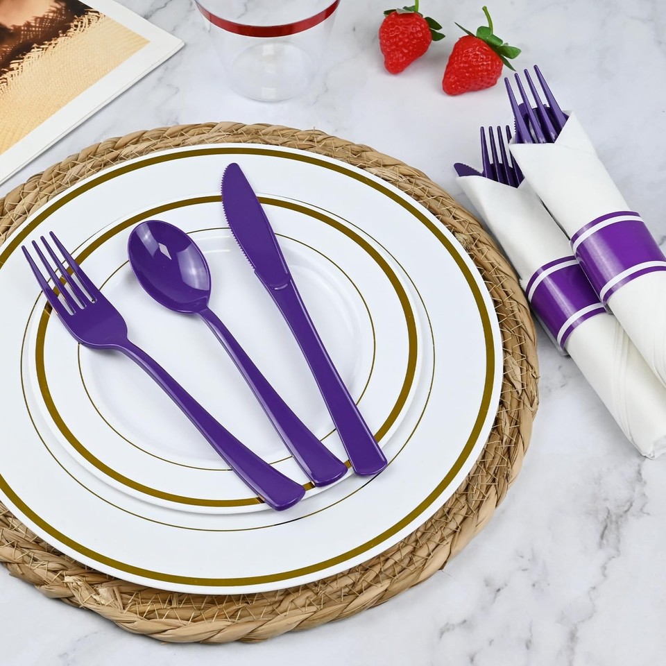 100 Pack Pre Rolled Purple Plastic Silverware with Napkins - Disposable ...