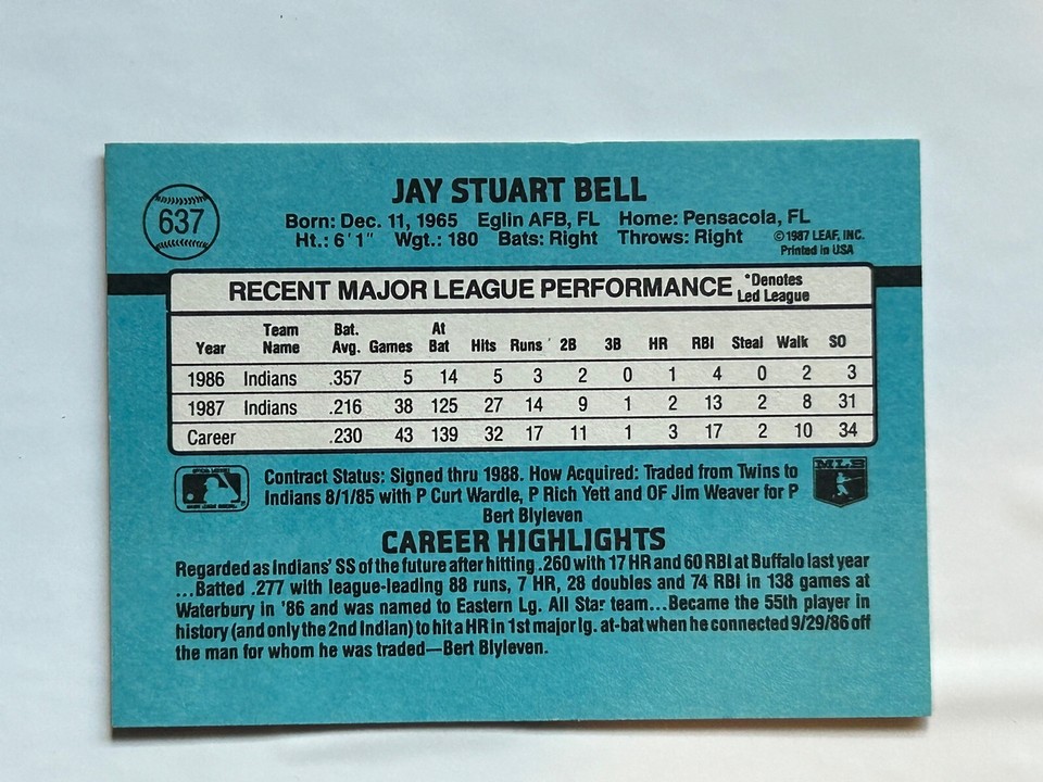 1988 Donruss Jay Bell Pittsburgh Pirates Cleveland Indians #637 Signed ...