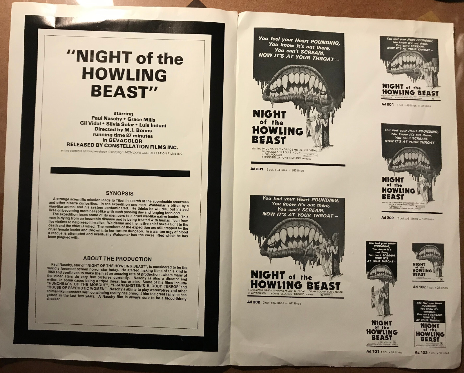 1975 Night Of The Howling Beast Movie Theater Press Book | eBay