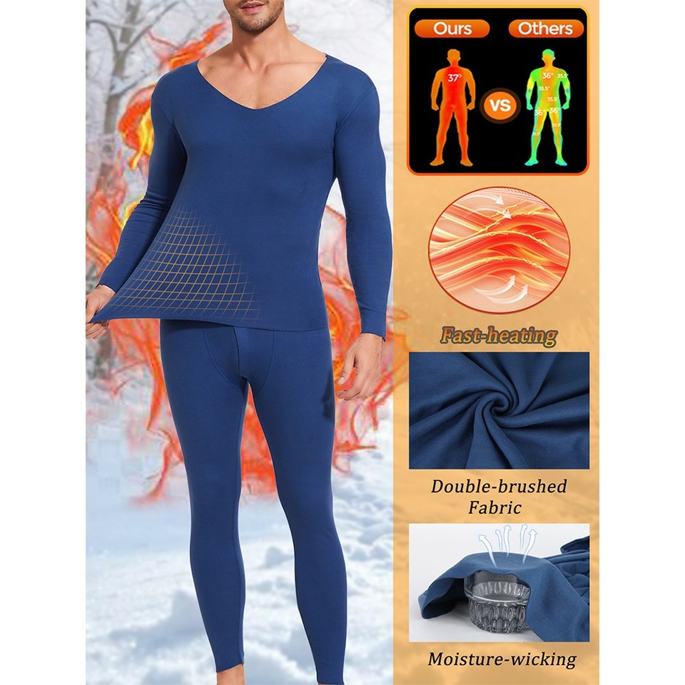 Mens Fleece Thermal Underwear Set Long Johns Top Bottom Pants T-Shirt ...