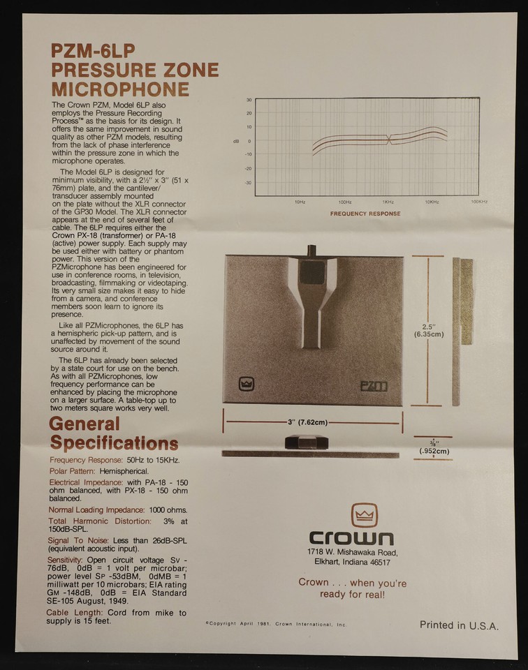CROWN PZM-6LP PRESSURE ZONE MICROPHONES PRODUCT / SALES BROCHURE | eBay