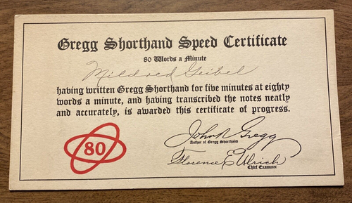 Vintage 1940s Gregg Shorthand Speed Certificate 80 Words Per Minute ...