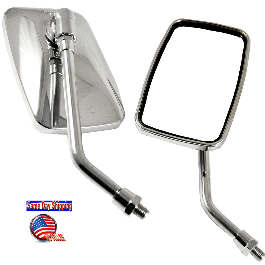 Chrome Motorcycle Mirrors Pair Rectangular Stock Style Long Stem 10mm ...