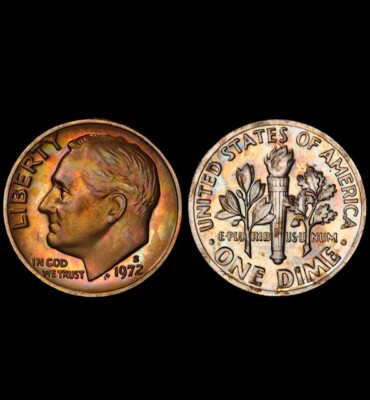 PR66 1972-S 10C Roosevelt Proof Dime, PCGS Secure- Pretty Rainbow Toned ...