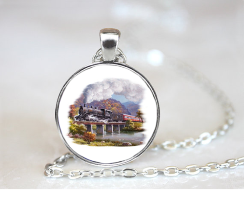 TRAIN MOUNTAIN RAILROAD pendant Silver 20" necklace female women mom ...
