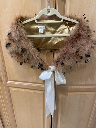 Lapis Tan Turkey Feather Fur Shoulder Wrap Stole Shawl Scarf Satin Ties ...