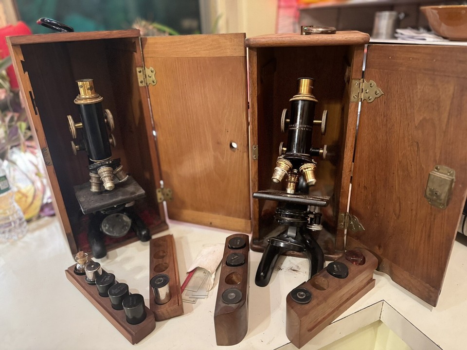 PAIR! PAIR! Antique Bausch & Lomb Brass Microscopes, With Wood Boxes ...