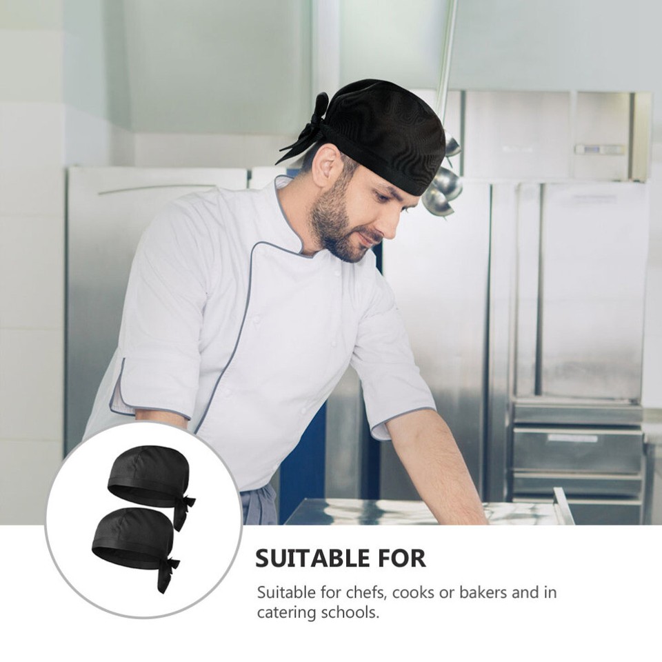 2 Pcs Chef Hat Turban Dad Mens Kitchen Hats Black with Tie Head Wraps ...