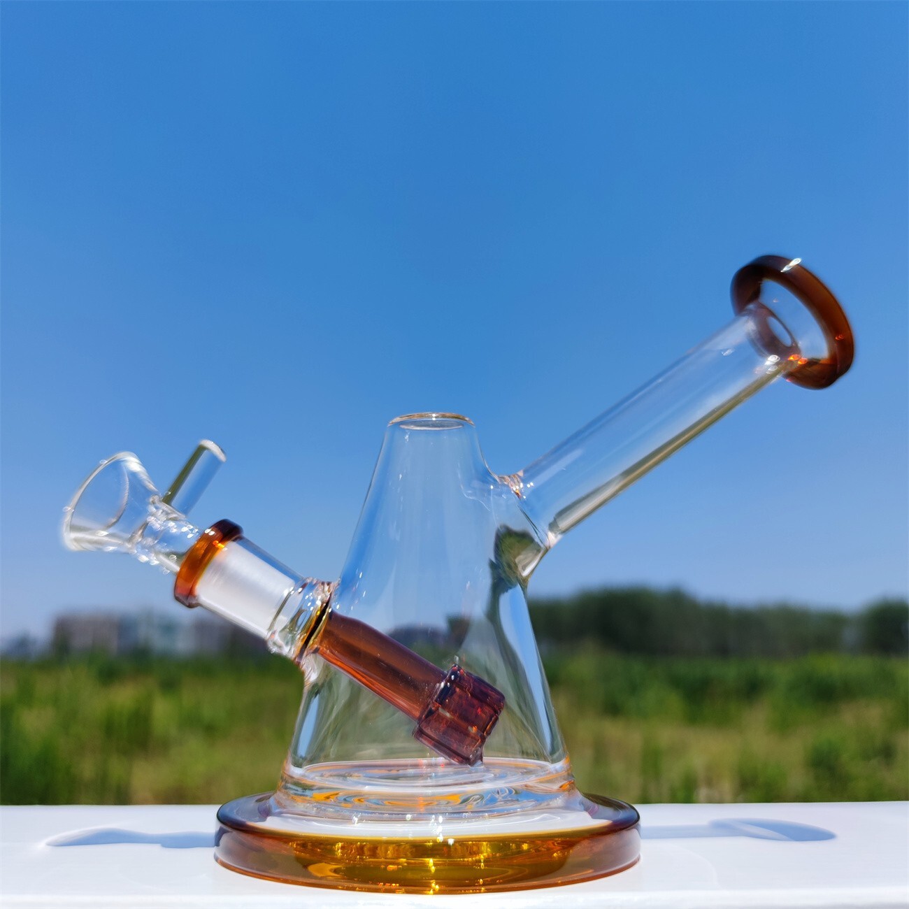6 Inch Amber Red Small Triangle Glass Water Pipe Bongs Hookah Bong 14MM ...