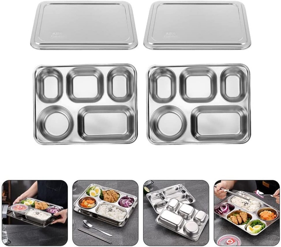 3 Sets Stainless Steel Lunch Container Metal Bento Box Divided Tray ...