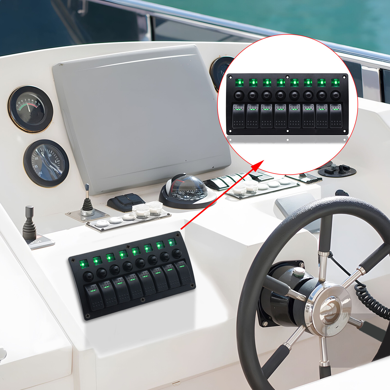8 Gang Waterproof Green LED Rocker Switch Panel Car Marine Boat Circuit ...