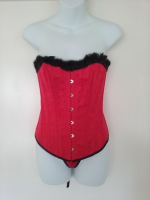 LADIES BASQUE AND THONG RED MEDIUM WITH FUR TRIM. | eBay UK