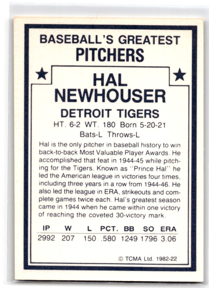 1982 TCMA Baseball's Greatest Pitchers Hal Newhouser Detroit Tigers #22 ...