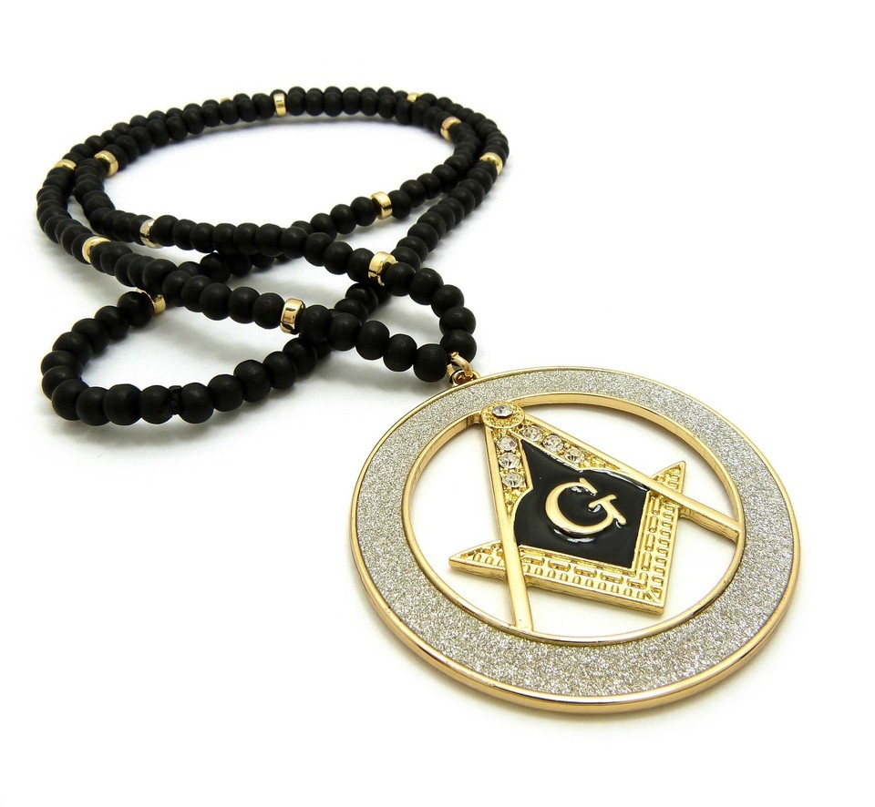 NEW FREEMASON MASONIC 2 TONE ROUND PENDANT 6mm/30" WOODEN BEAD CHAIN ...