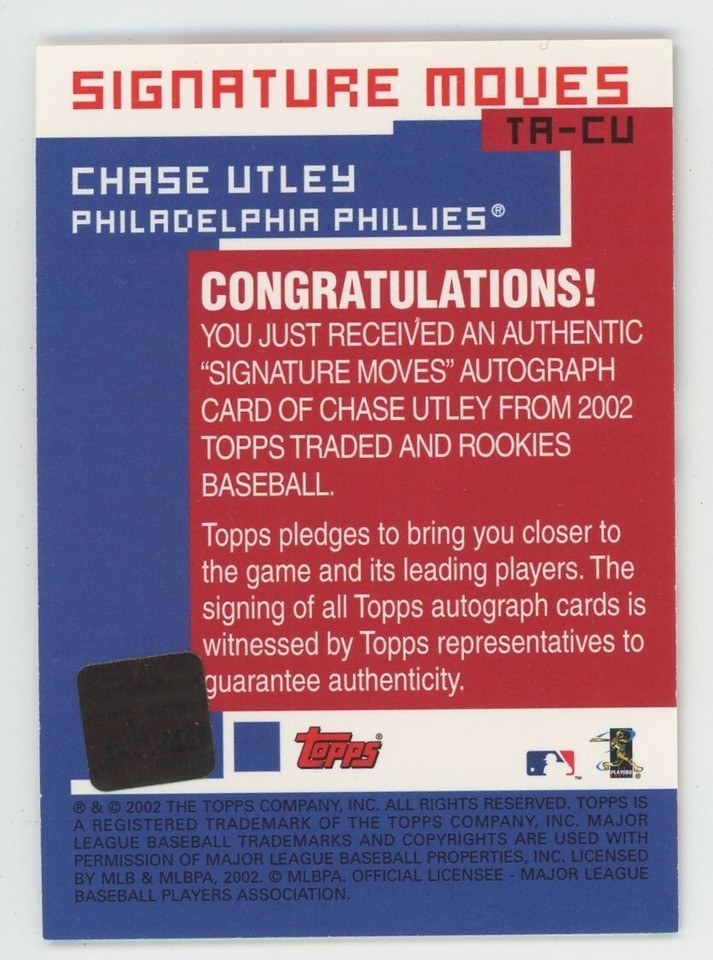 CHASE UTLEY 2002 TOPPS SIGNATURE MOVES AUTOGRAPH #TR-CU PHILADELPHIA ...