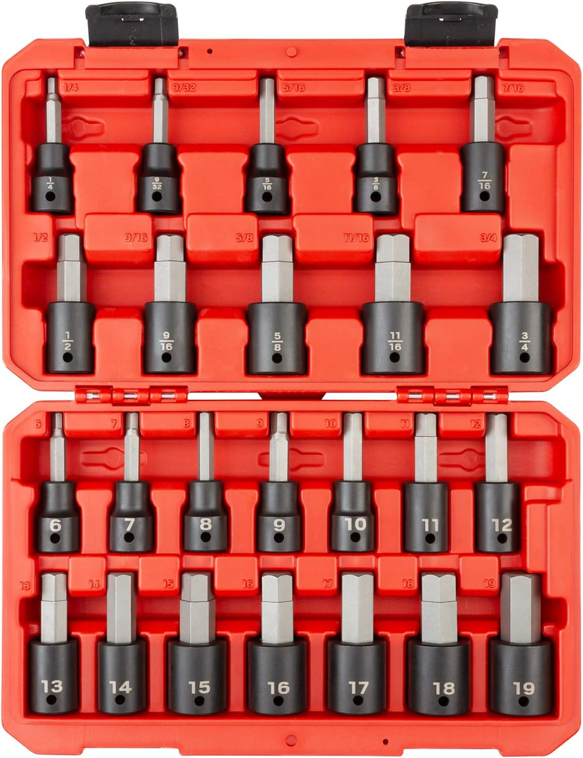 1/2 Inch Drive Hex Impact Bit Socket Set, 24-Piece (1/4-3/4 In., 6-19 ...