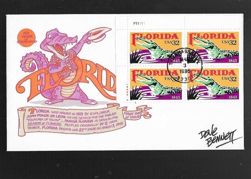 US FDC FIRST DAY COVER # 2950 FLORIDA 1995 WITH PLATE BLOCK BY BENNETT ...