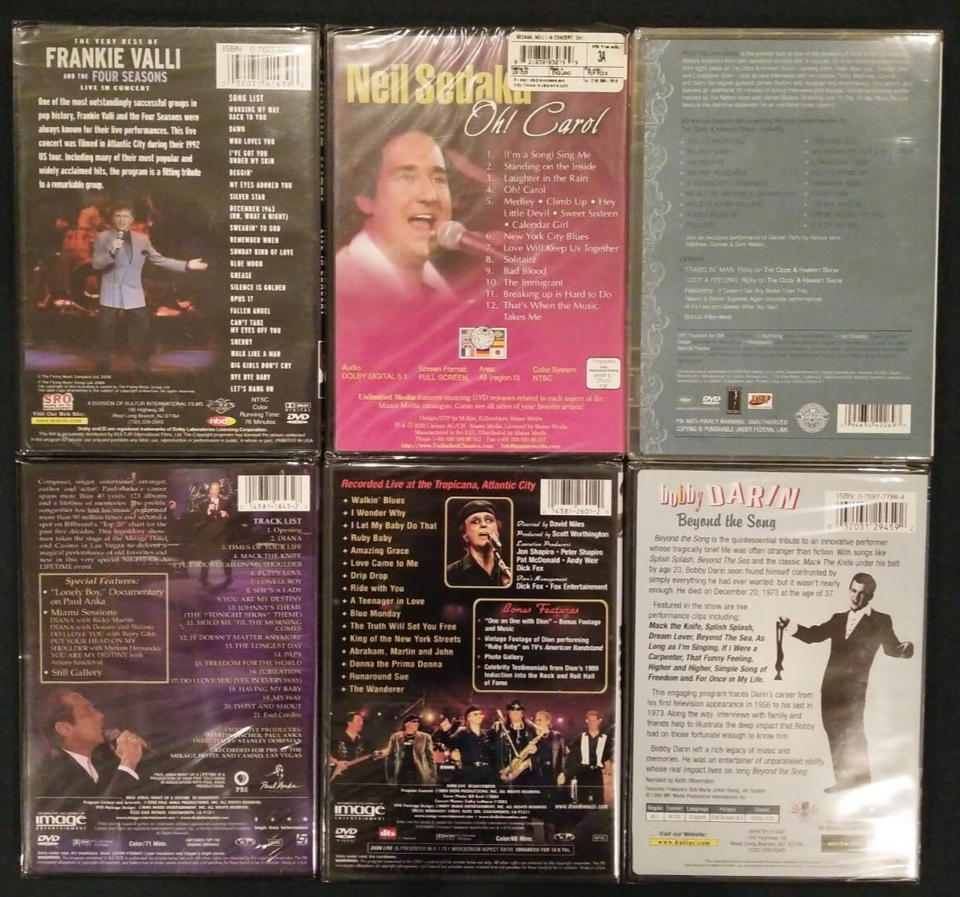 6 Brand New/Sealed Concert DVDs: Frankie Valli, Neil Sedaka, Ricky ...