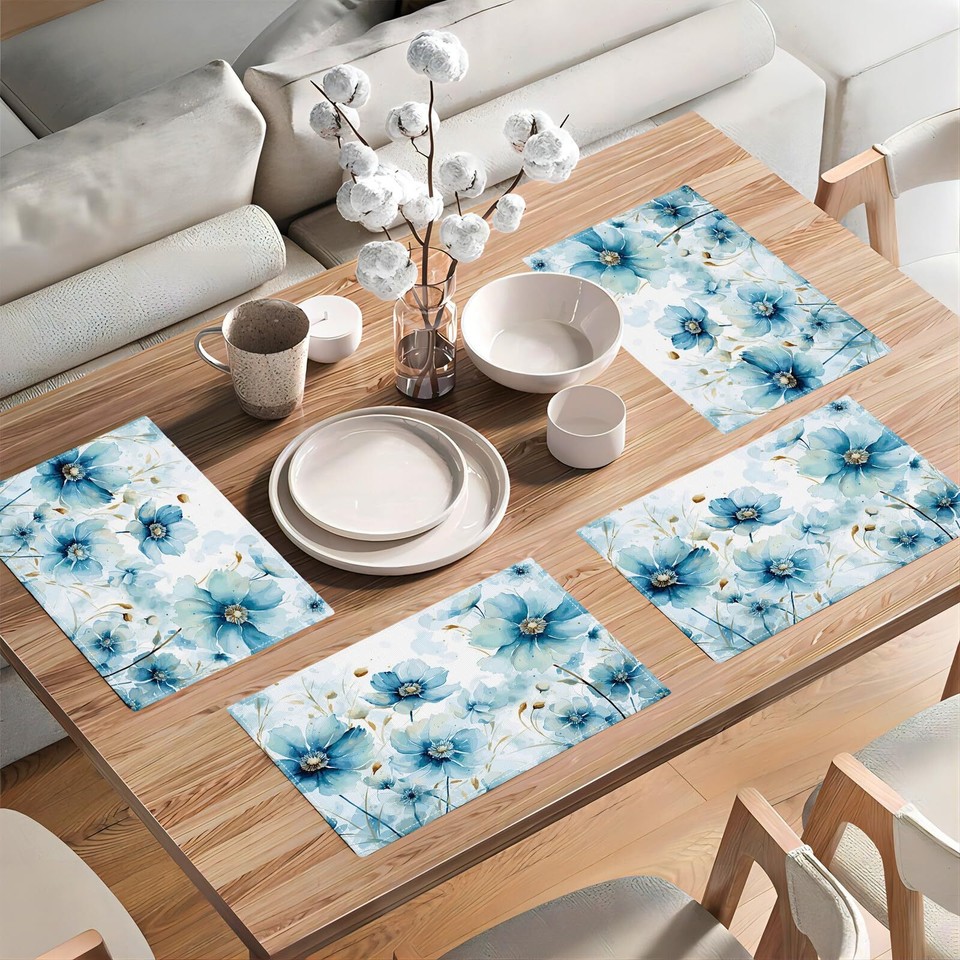 Flower Placemats Set of 6 Blue Flower Table Mats Floral Place Mats ...