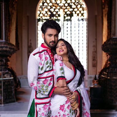 Designer Saree And Punjabi Couple Set With Embroidery work Pure Cotton ...