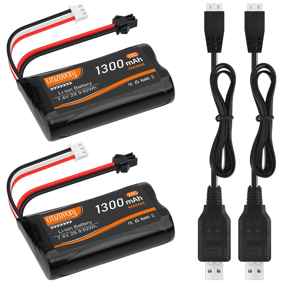 2PCS 1300mA 7.4V 2S 20C SM Plug Li-Lon Battery + USB Charger Cable for ...