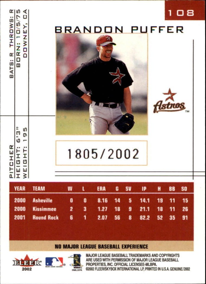 2002 Fleer Genuine #108 Brandon Puffer UP RC /2002 - NM-MT | eBay