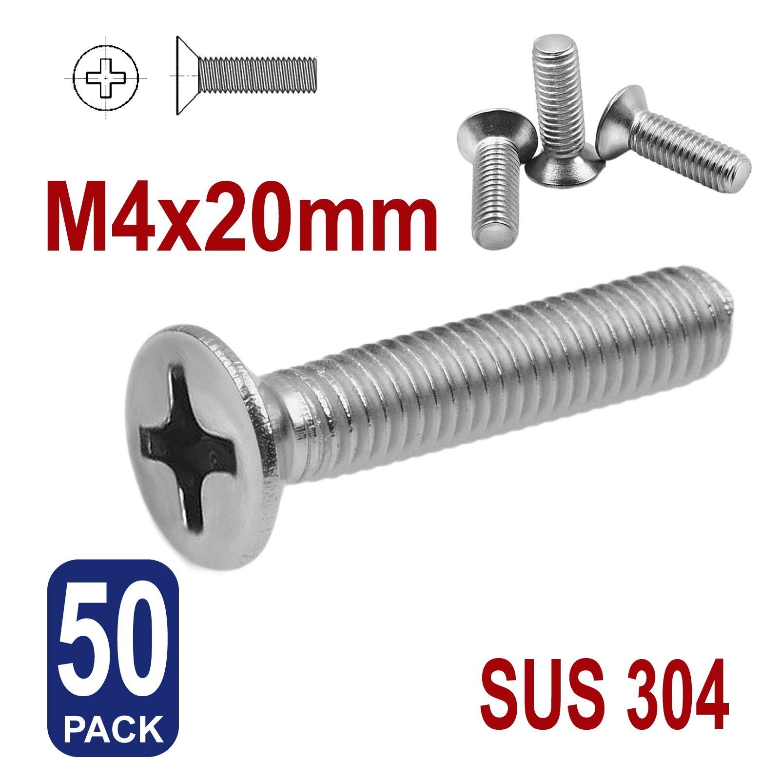 M4 x 20 mm Phillips Flat Countersunk Head Screws Bolts Stainless 304 ...