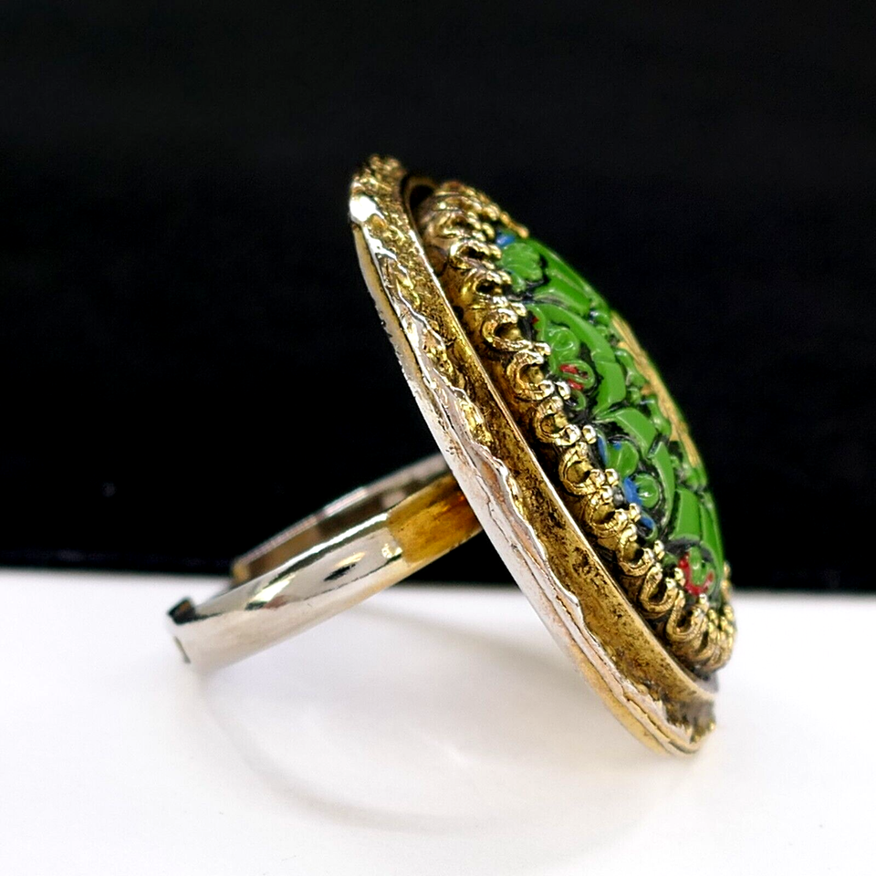 VINTAGE 60'S MOROCCAN MATRIX MOSAIC MOLDED GLASS COCKTAIL RING GREEN ...