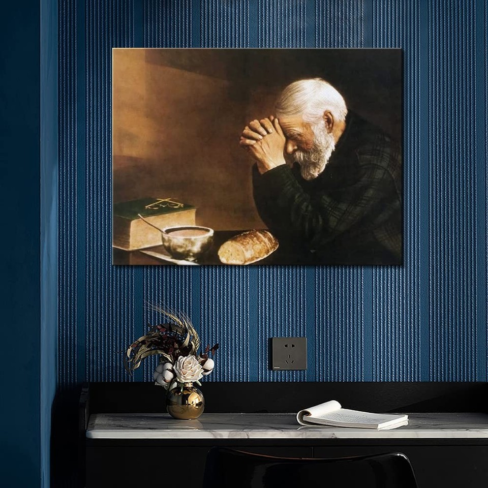 Grace Man Praying Over Bread Print Poster Vintage Painting Canvas ...