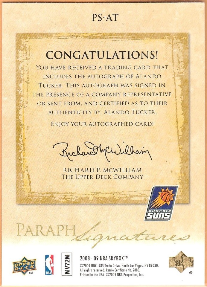 2008-09 SKYBOX PARAPH SIGNATURES ALANDO TUCKER AUTO | eBay