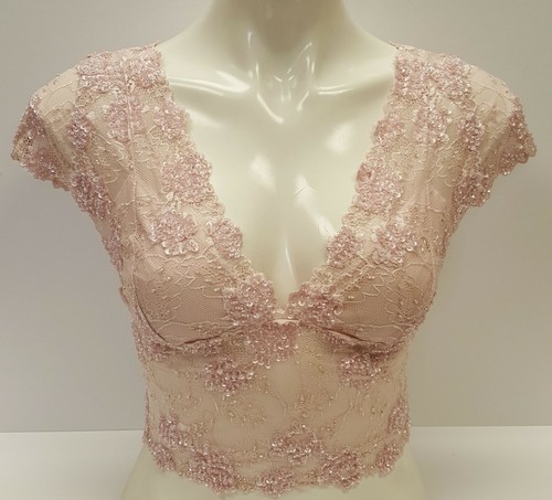 Pastel pale pink color lace hand beaded cap sleeved midriff crop top ...