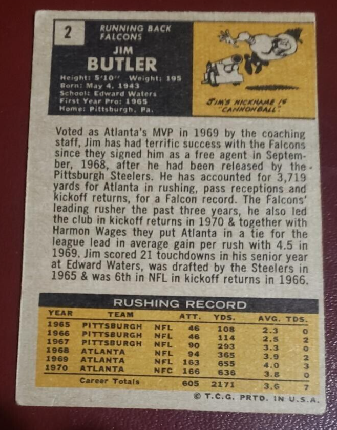1971 Topps Football # 2 Jim Butler RB Atlanta Falcons **40% OFF 2 or ...