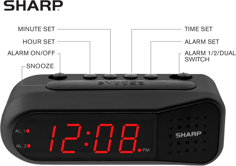 Sharp Electric Digital Dual Alarm Clock Battery Backup Led Large ...