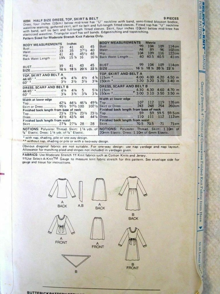 Butterick 6094 Matti of Lynne DRESS TOP SKIRT BELT sz16.5 bust45 ...