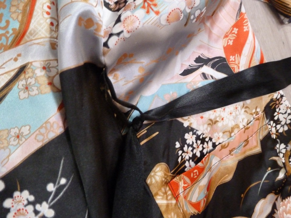 Vintage Ichi Ban Japan Kimono Robe Black Floral Geisha Multicolor ...