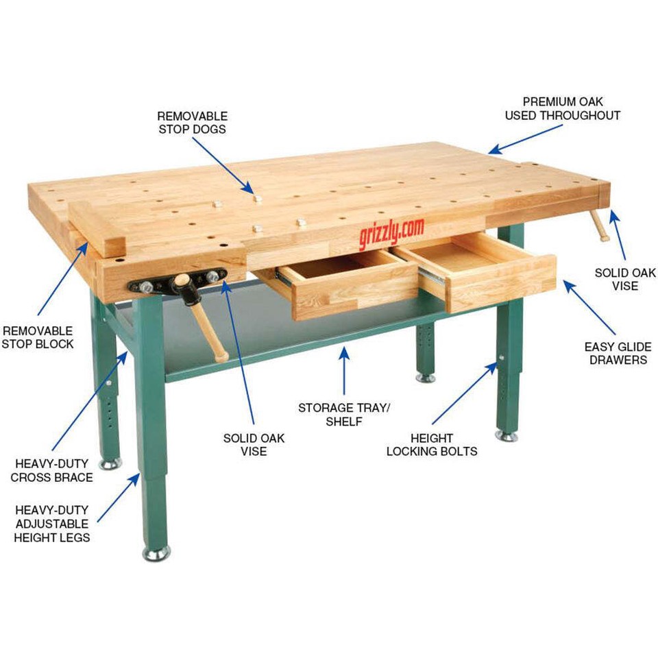 Grizzly T10157 Heavy-Duty Oak Workbench with Steel Legs | eBay