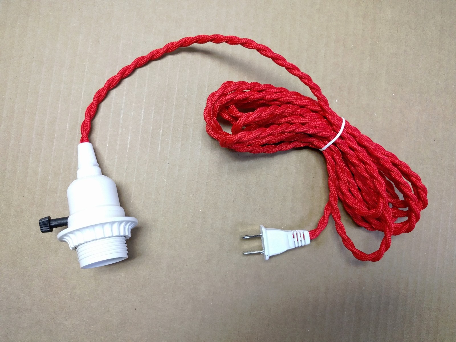 White Plastic Lampholder Pendant w/ 12 ft 2-Wire TWISTED Red Cord Plug ...