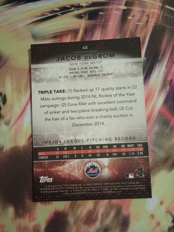 2015 JACOB DEGROM TOPPS TRIPLE THREADS #48 2ND YEAR THICK BASE CARD NEW ...