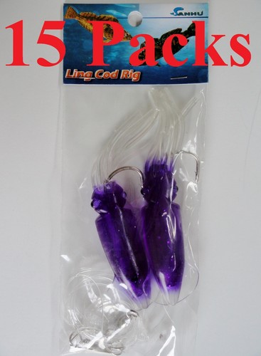 15 packs 4.5" ling cod squid rigs purple two bulb rigged saltwater ...