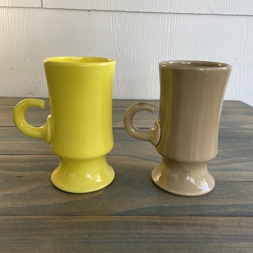 Vintage Pair of Funky Pedestal Mugs w/Open Molded Handles - Yellow ...